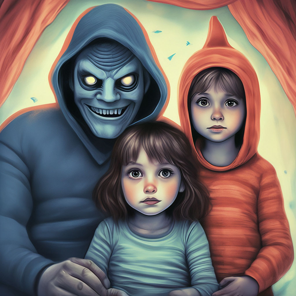 "Drawing of a child, mom, dad, daughter and boogeyman" — image created ...