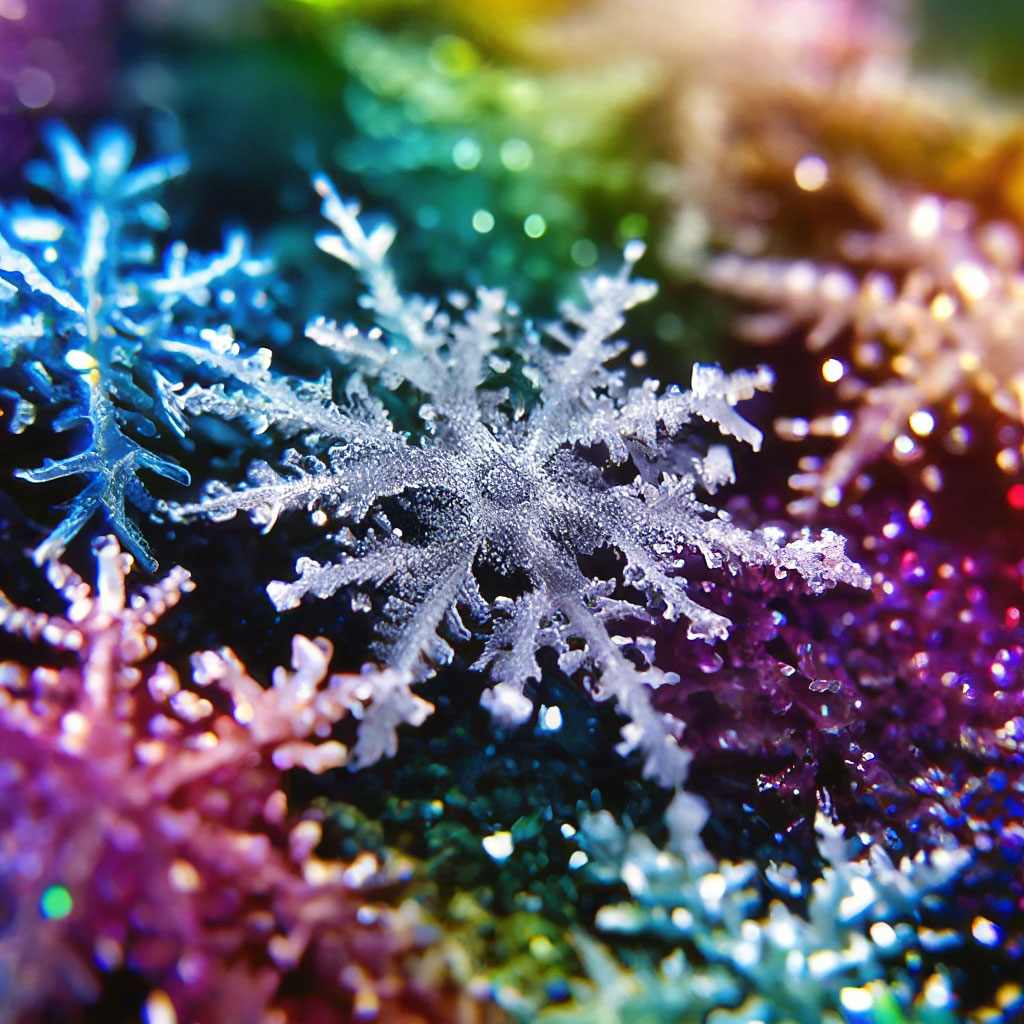 "Snowflakes of all colors of the rainbow, glitter, macro photography ...