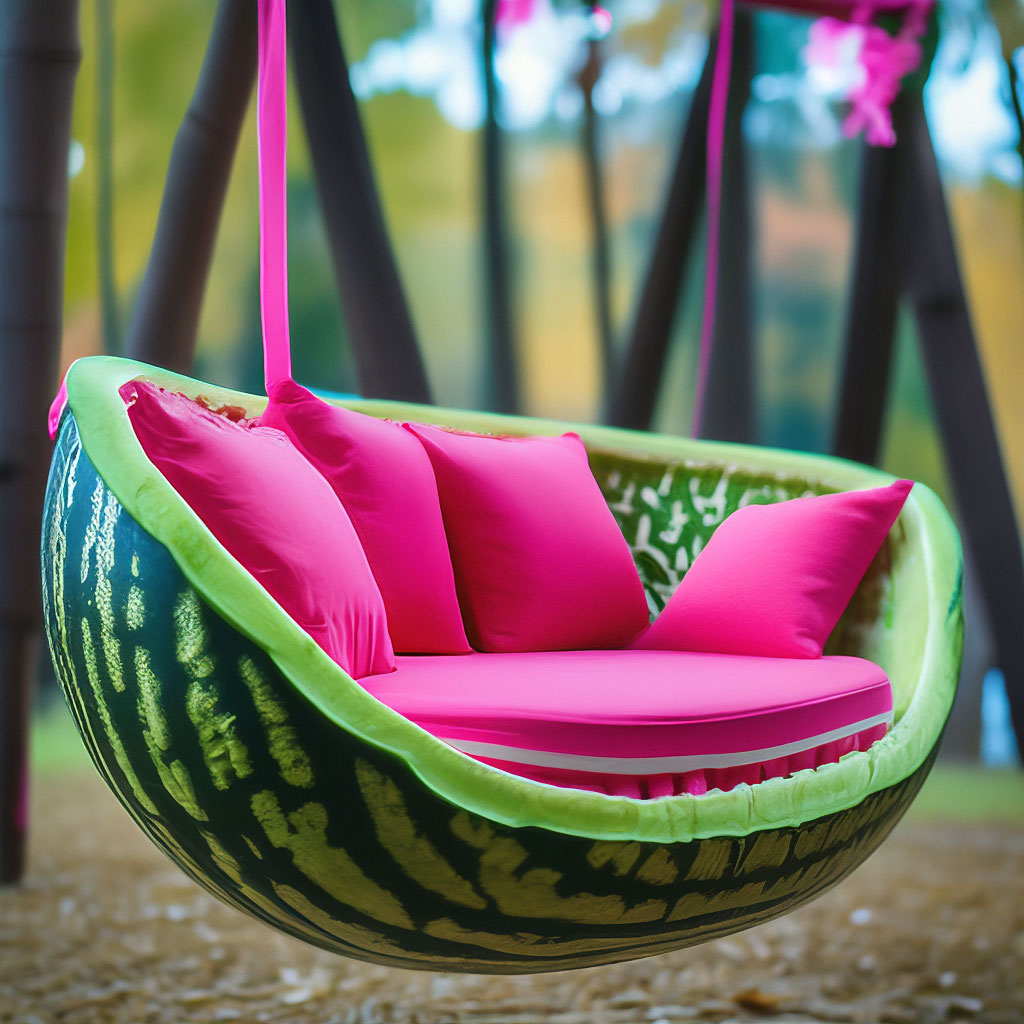 "Swing sofa in the form of half a watermelon with bright pink pillows ...