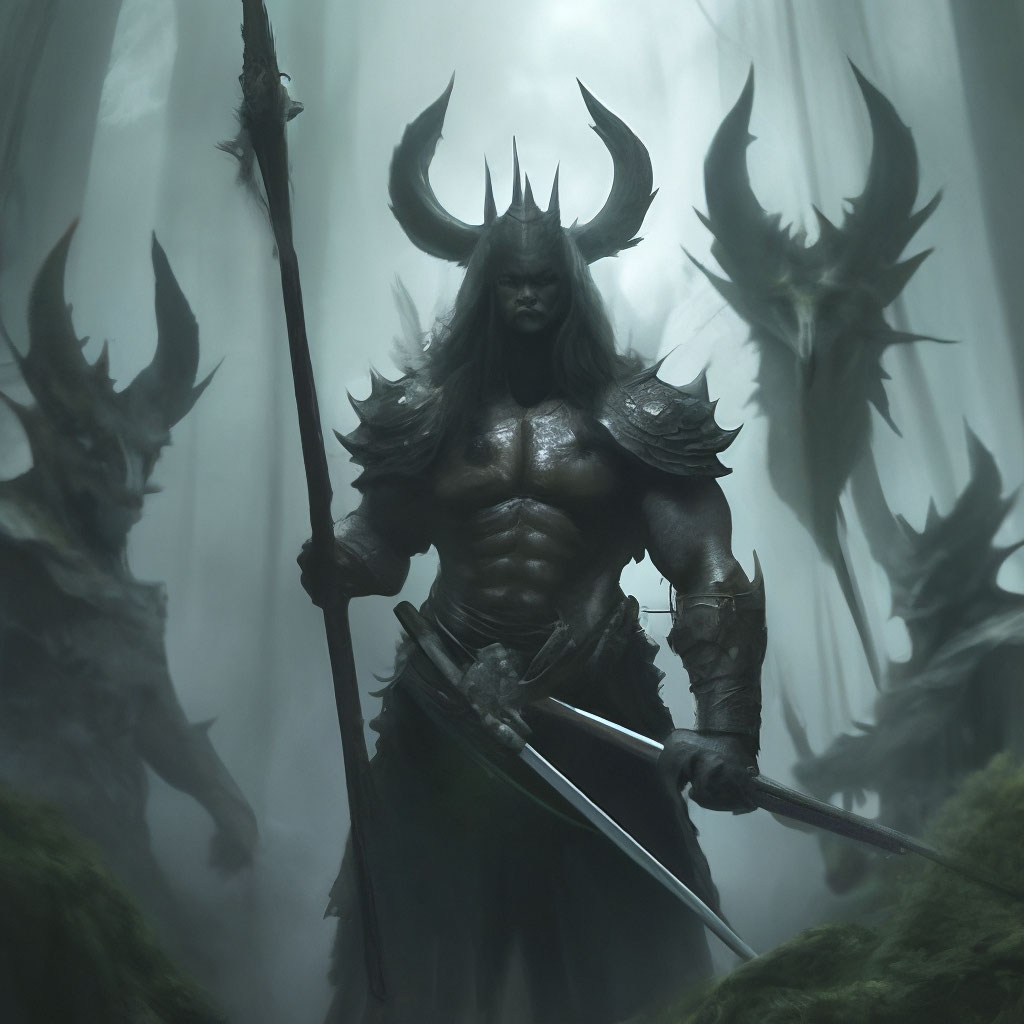 "A warrior with a spear and two great demons" — image created in Shedevrum