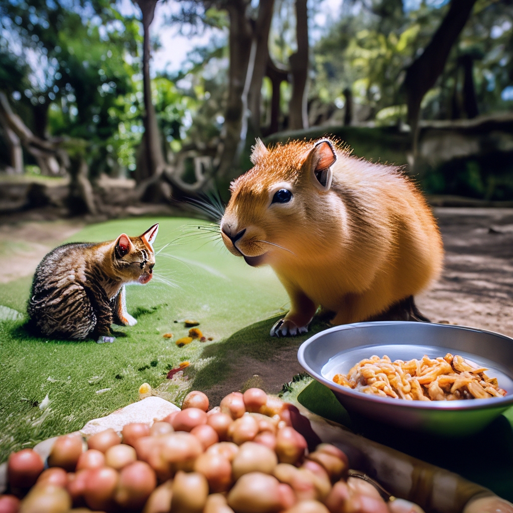 "Cat eats food with capybara" — image created in Shedevrum
