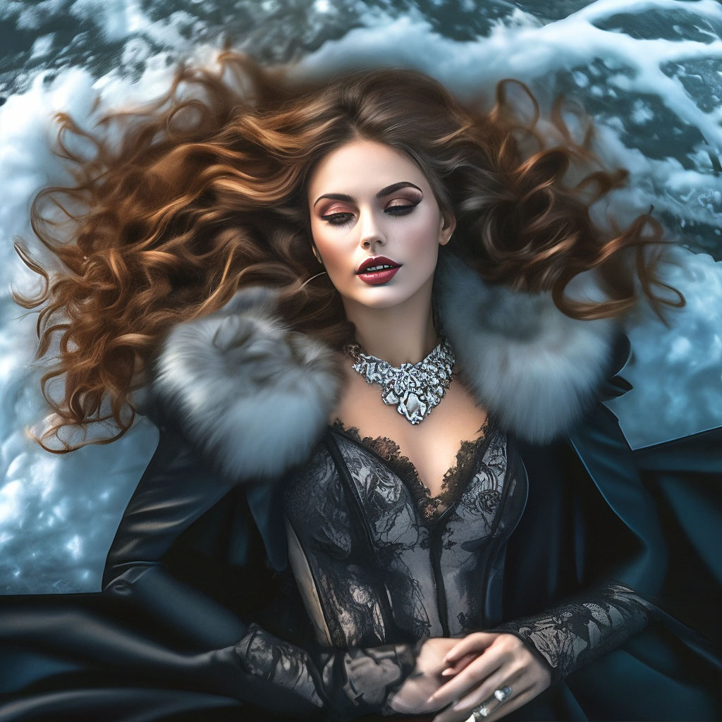"Top view: vampire woman with long black and fiery curls over the snowy ...