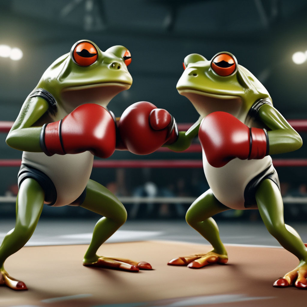"🐸 ring, 2 frogs, boxing, fighting in the ring, shorts, boxing gloves ...