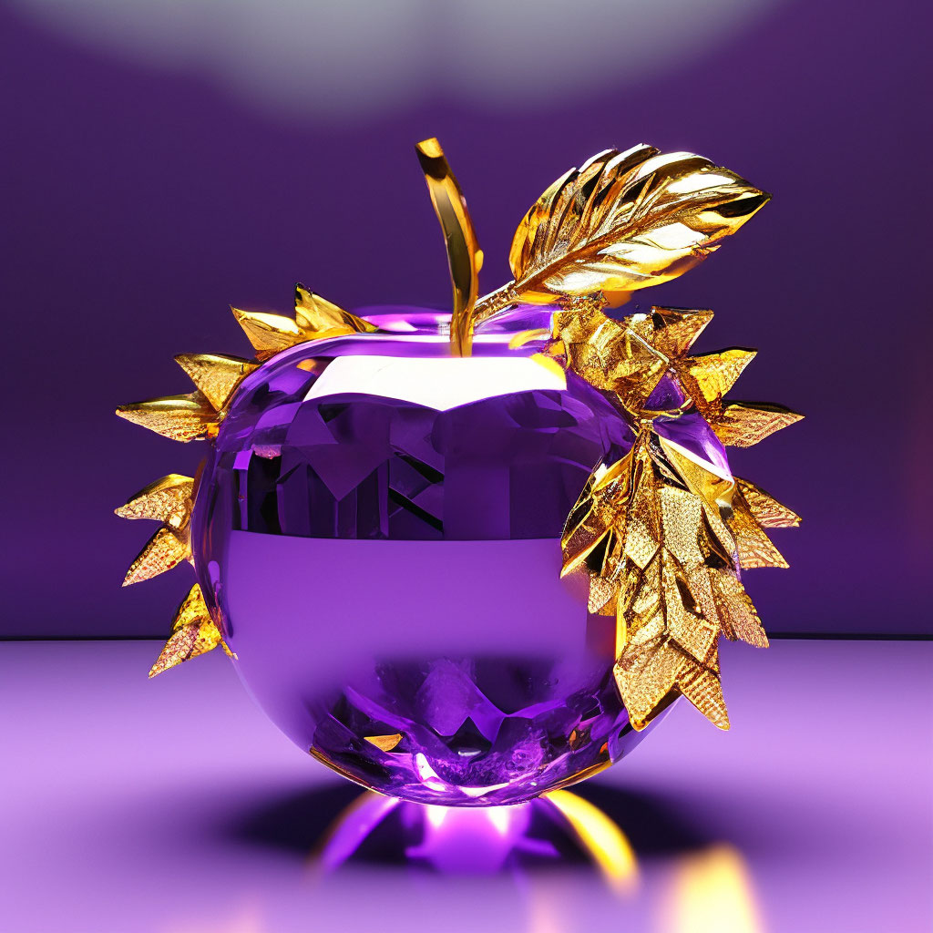 "Purple crystal apple with golden leaves" — image created in Shedevrum