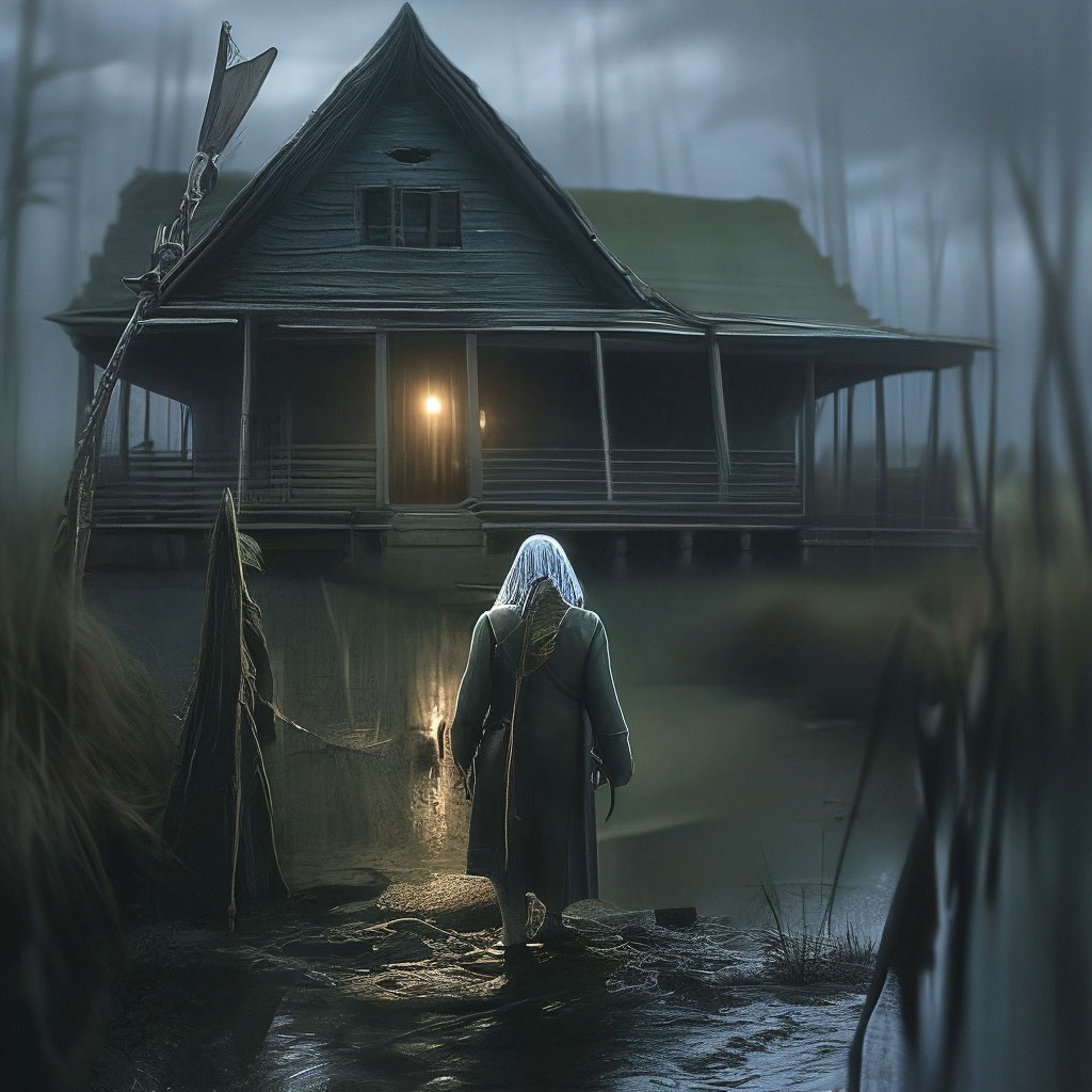 "On a dark and gloomy swamp there is an old decrepit wooden house, and ...