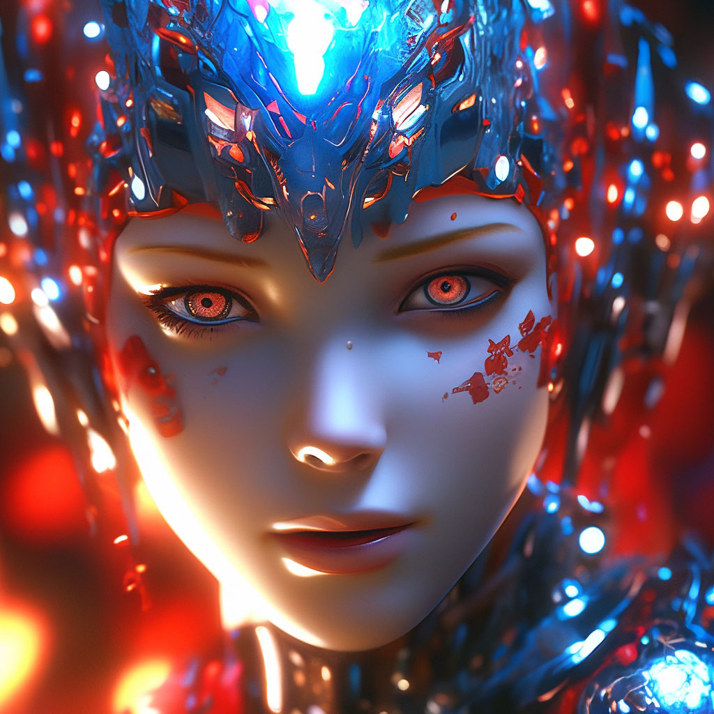 "👽 👽 android girl, hyperrealism, beautiful, blue-red with red eyes ...
