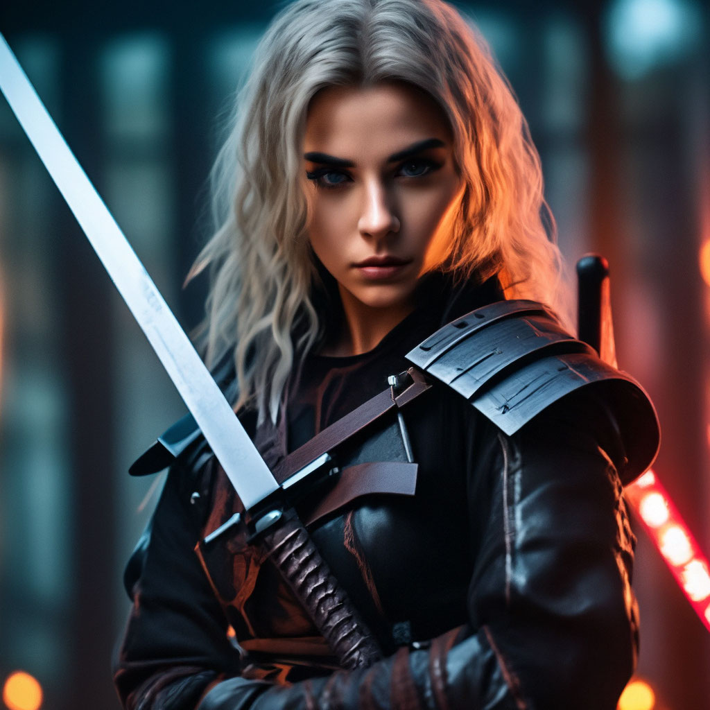 "Anthropomorphic girl in a witcher costume, two swords on her back ...