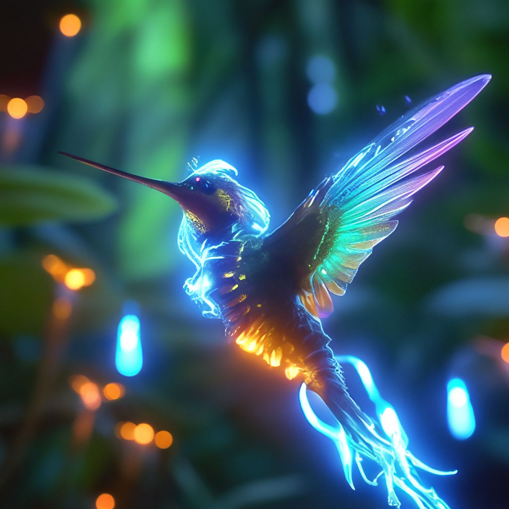 "An otherworldly hummingbird creature appears in the bioluminescent and ...