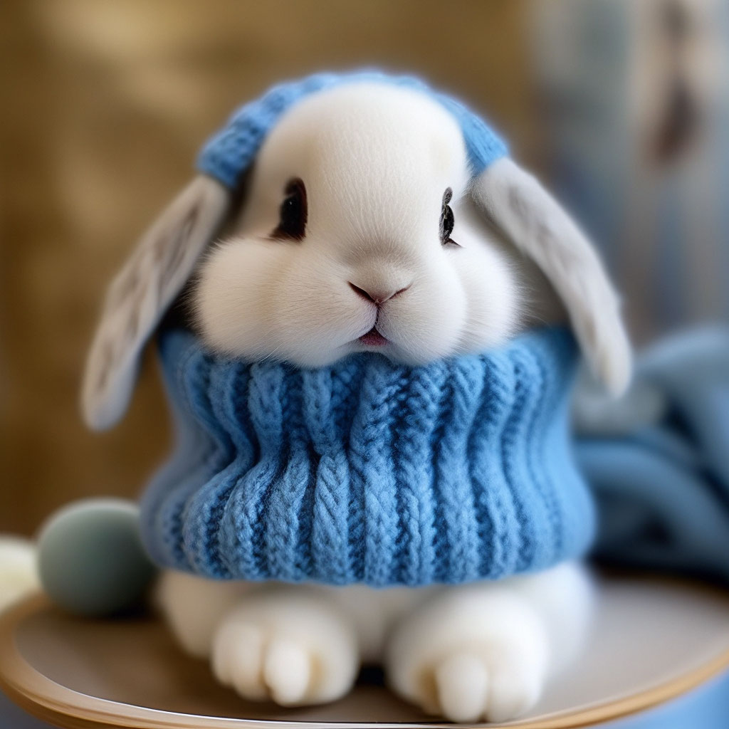 "Dwarf realistic lop-eared white rabbit, cute, fluffy, peeks out of a ...