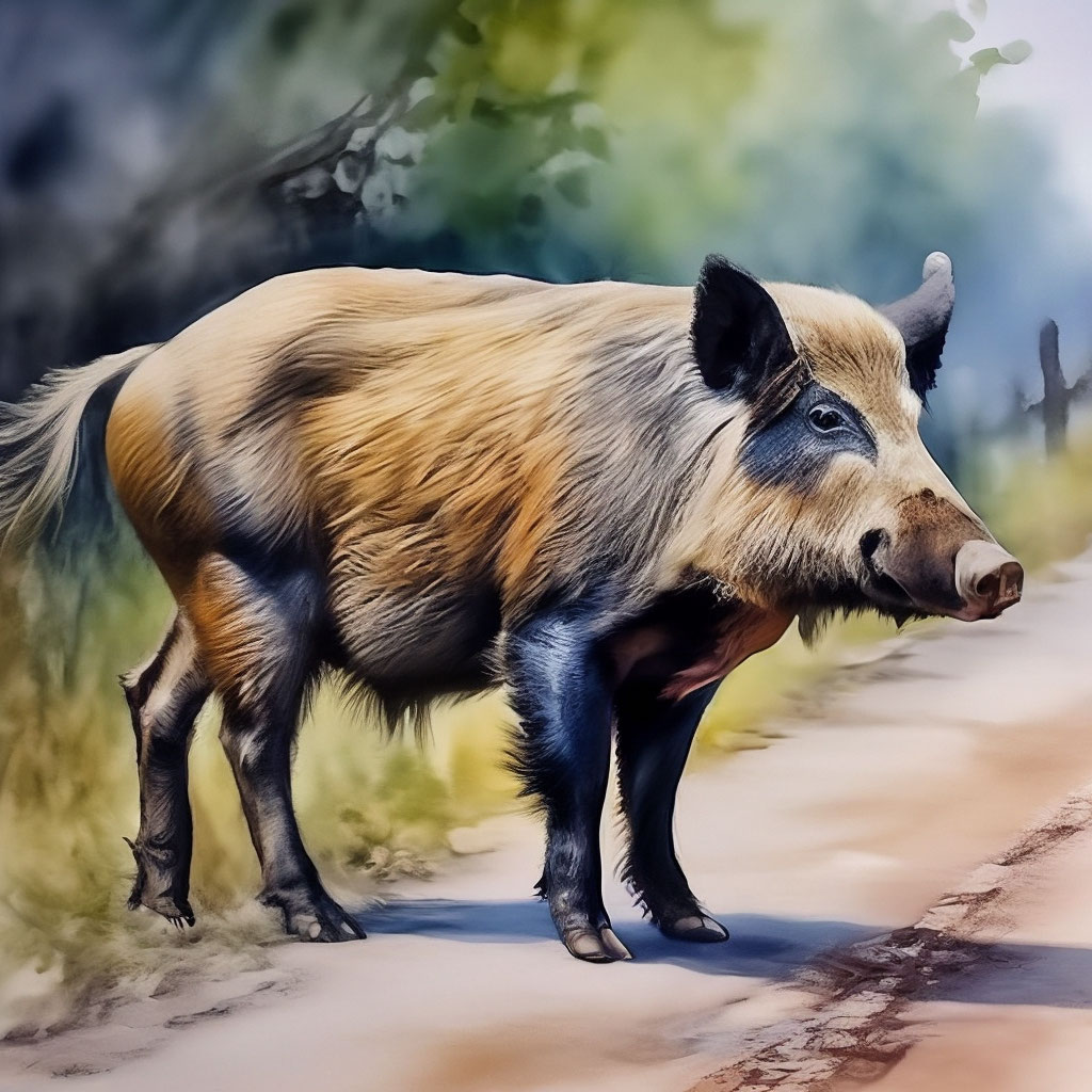 "Watercolor sketch, realistic boar standing on the road side view ...