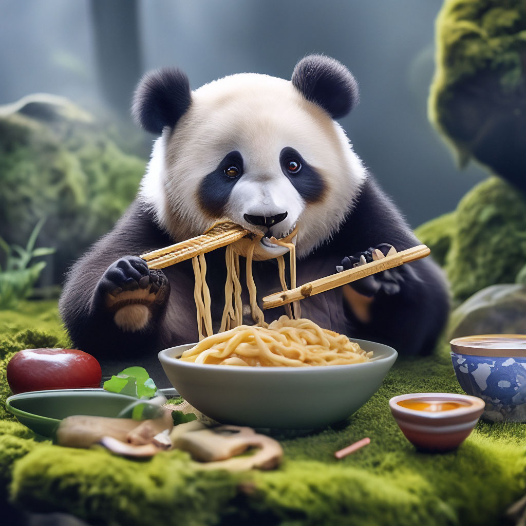 "Panda creep fluffy lint to lint eats Chinese noodles with chopsticks ...
