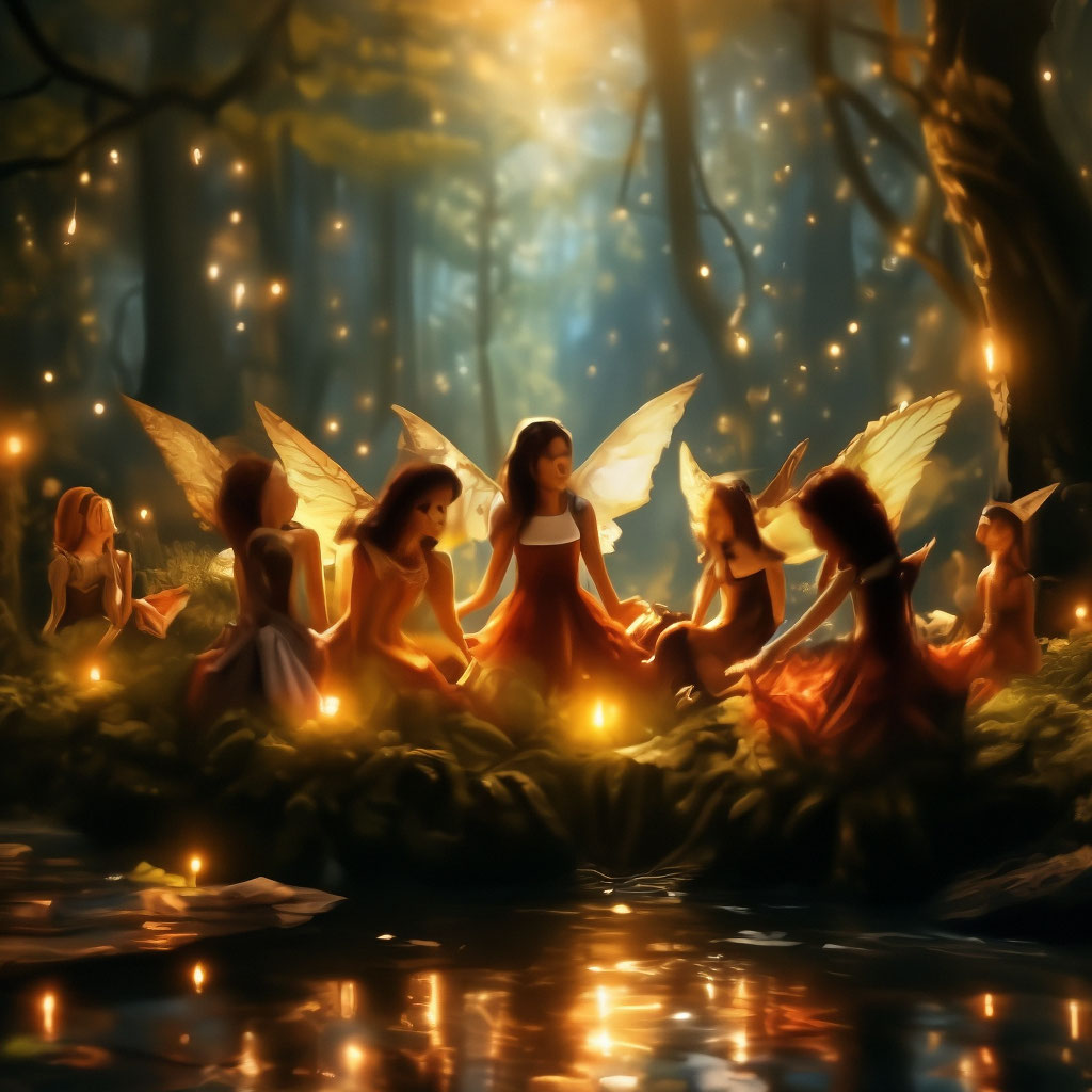 "A gathering of fairies in a fairy forest" — image created in Shedevrum
