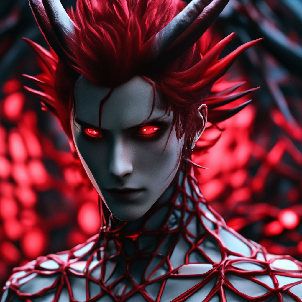 "Hyperpop, dragon guy, hyperrealism, demon, with white porcelain skin ...