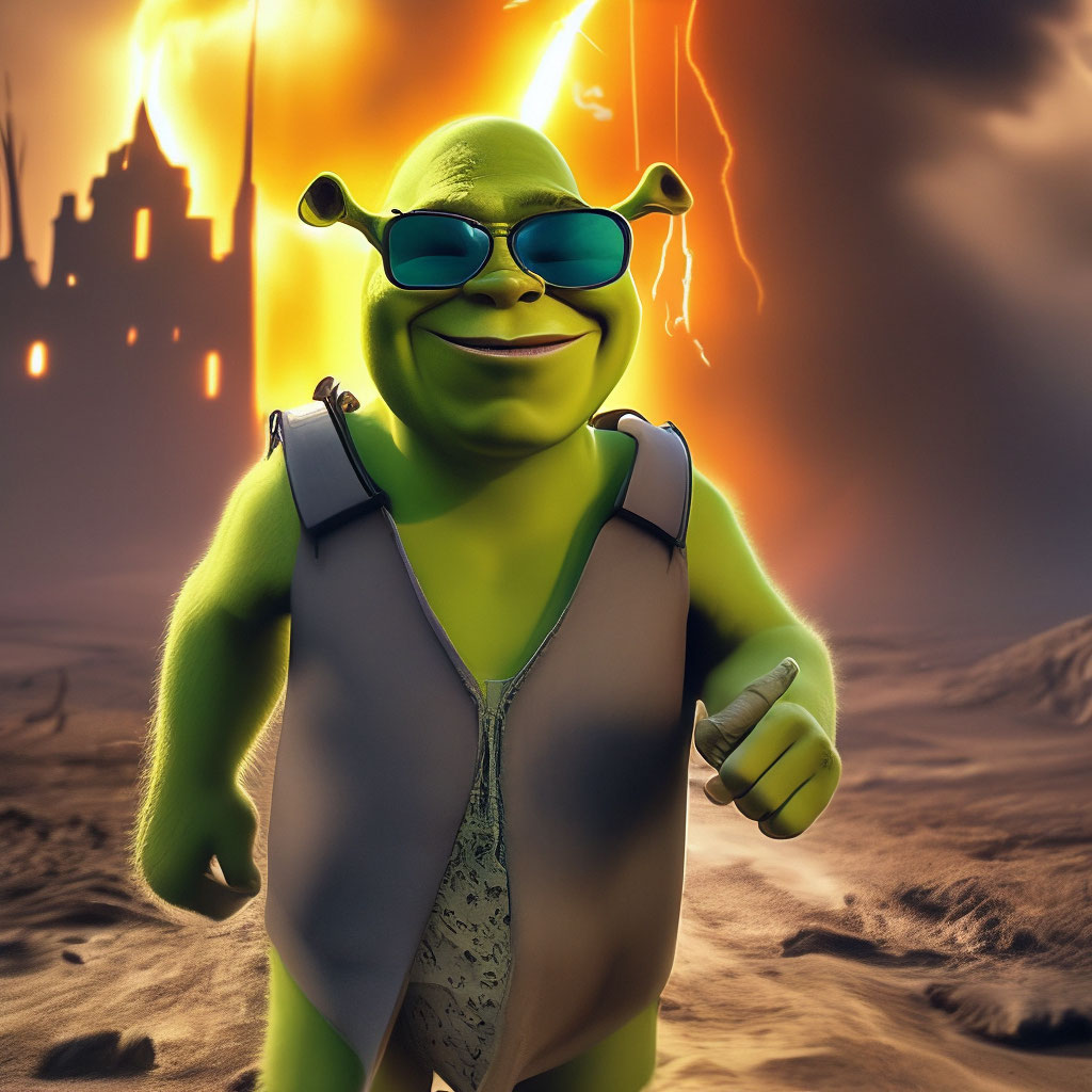 "Shrek in tinted sunglasses walks with a sly smile on his face against ...