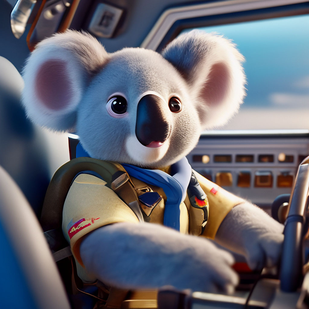 "Cute cartoon koala in a pilot's costume on an airplane at the controls ...