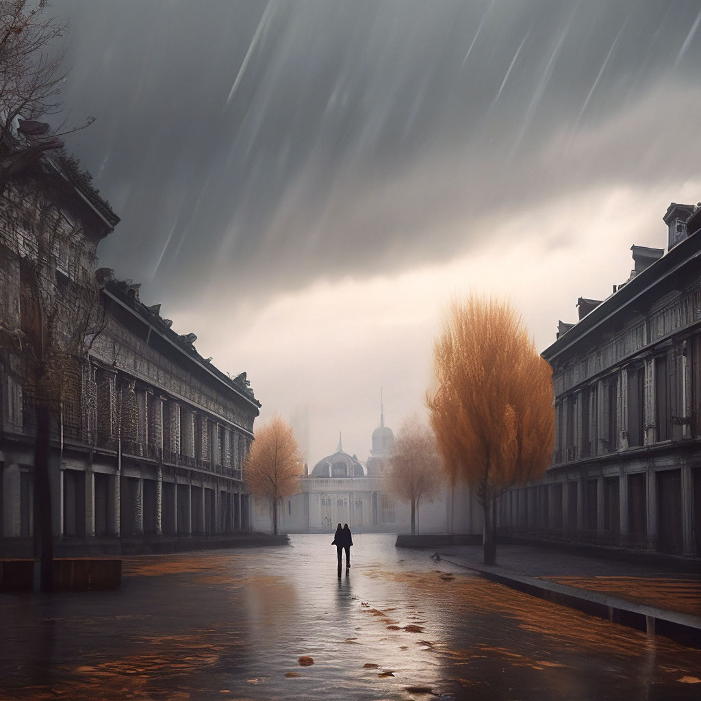 "Empty stone city, lack of people, gloomy sky, autumn, bare trees, wind ...