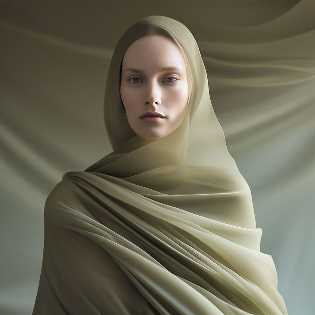 "🦎 a pale thin woman stands wrapped in a translucent khaki fabric ...