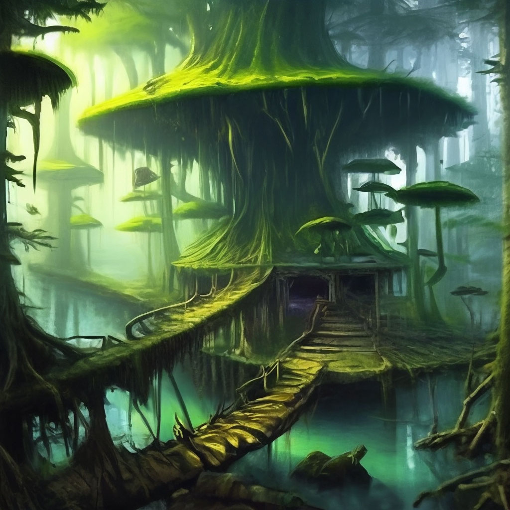 "A dense forest, a swamp, a dilapidated decrepit hut, fly agarics grow ...