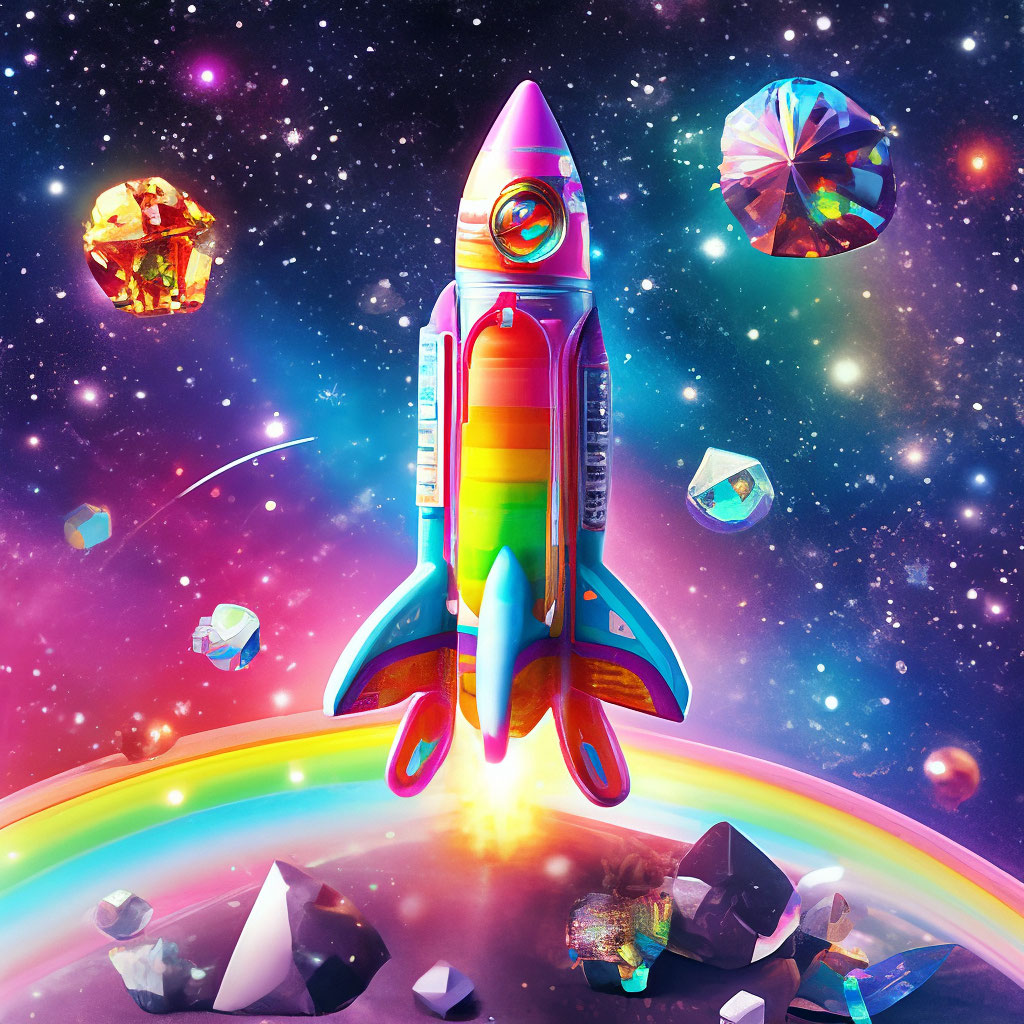 "Rainbow rocket with diamonds in space" — image created in Shedevrum
