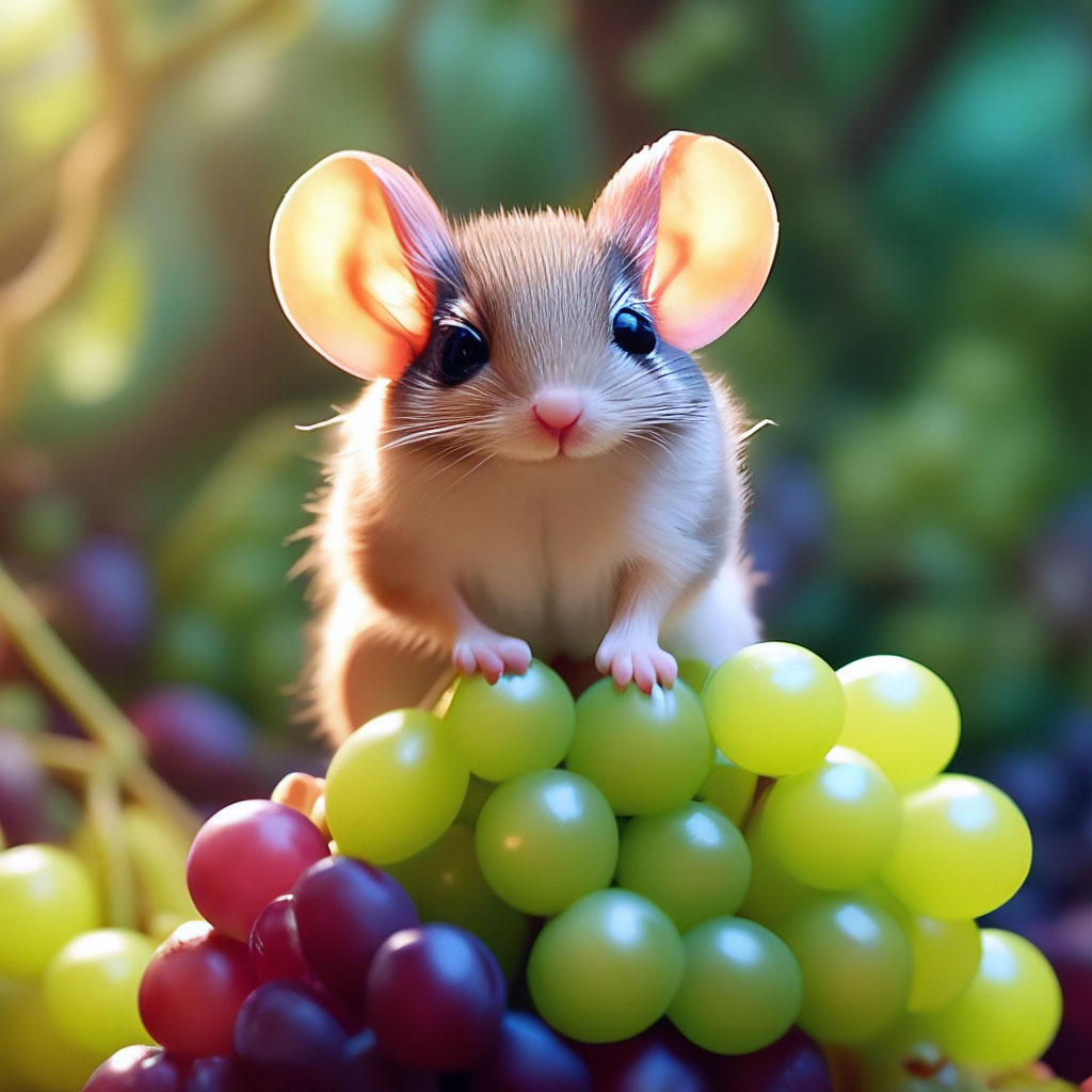 "Cute jerboa is sitting on a sprig of grapes" — image created in Shedevrum