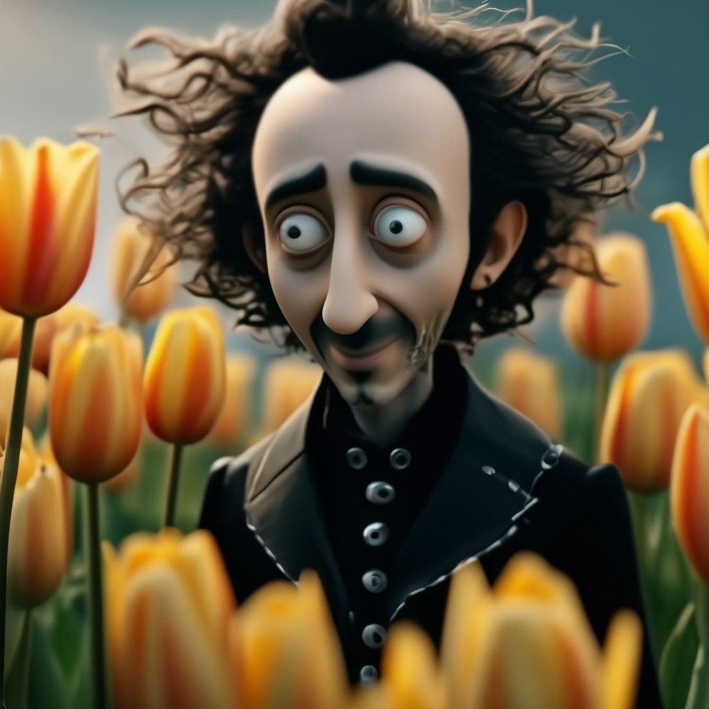 "Tip toe through tulips, tiny tim sings , tim burton style, surrealism ...