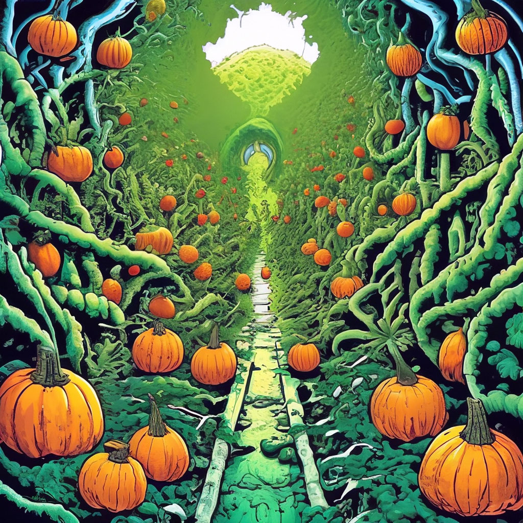 "Alien maze overgrown with pumpkin, rich harvest, green stalks, comic ...