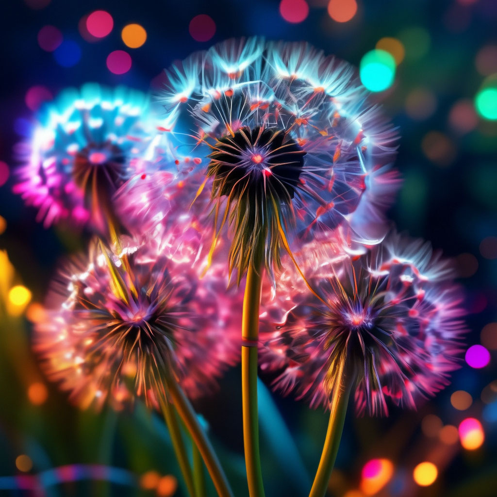 "Rainbow neon dandelions Realism 64k" — image created in Shedevrum
