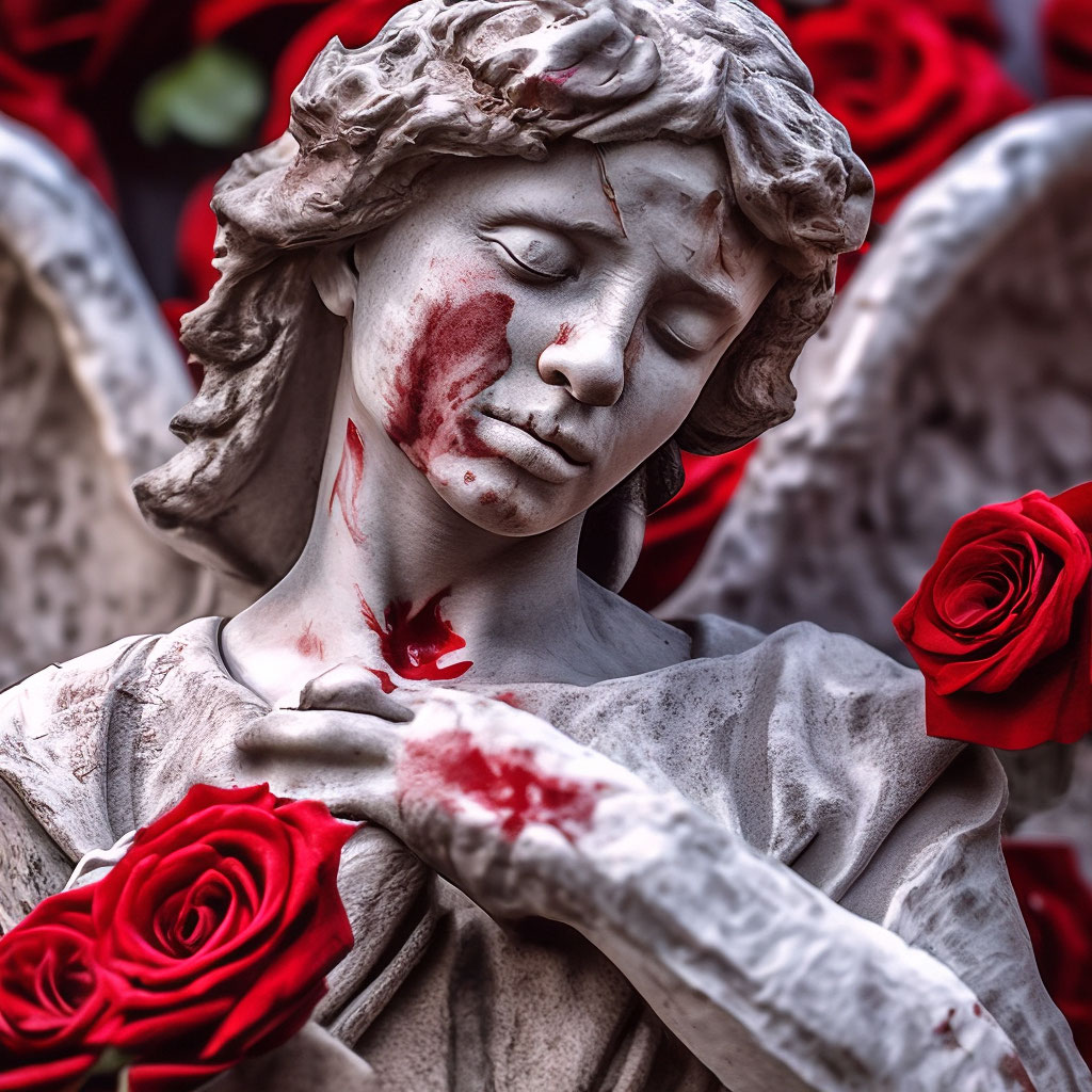 "Stone statue of an angel, eyes closed, red smudges on the face, grunge ...