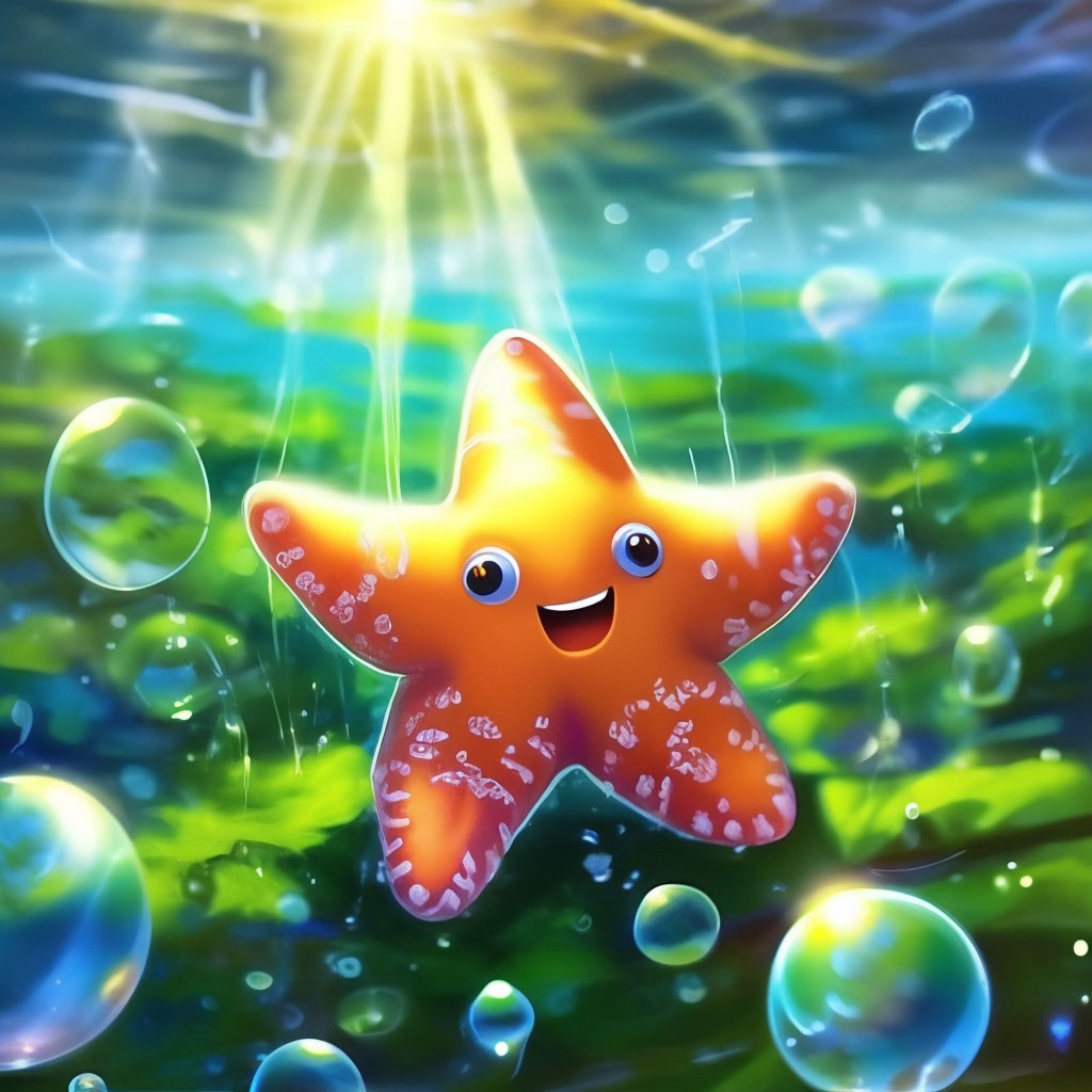 "The starfish is fluffy, with big beautiful eyes, smiling, in the water ...