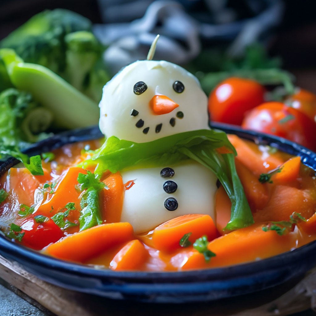 "Stewed snowman with cabbage, carrots, tomatoes" — image created in ...