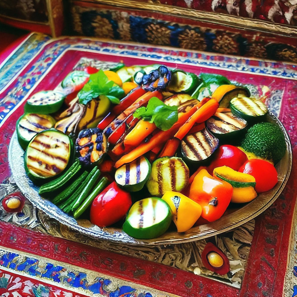 "Grilled vegetables in Iranian style on a large platter on the carpet ...