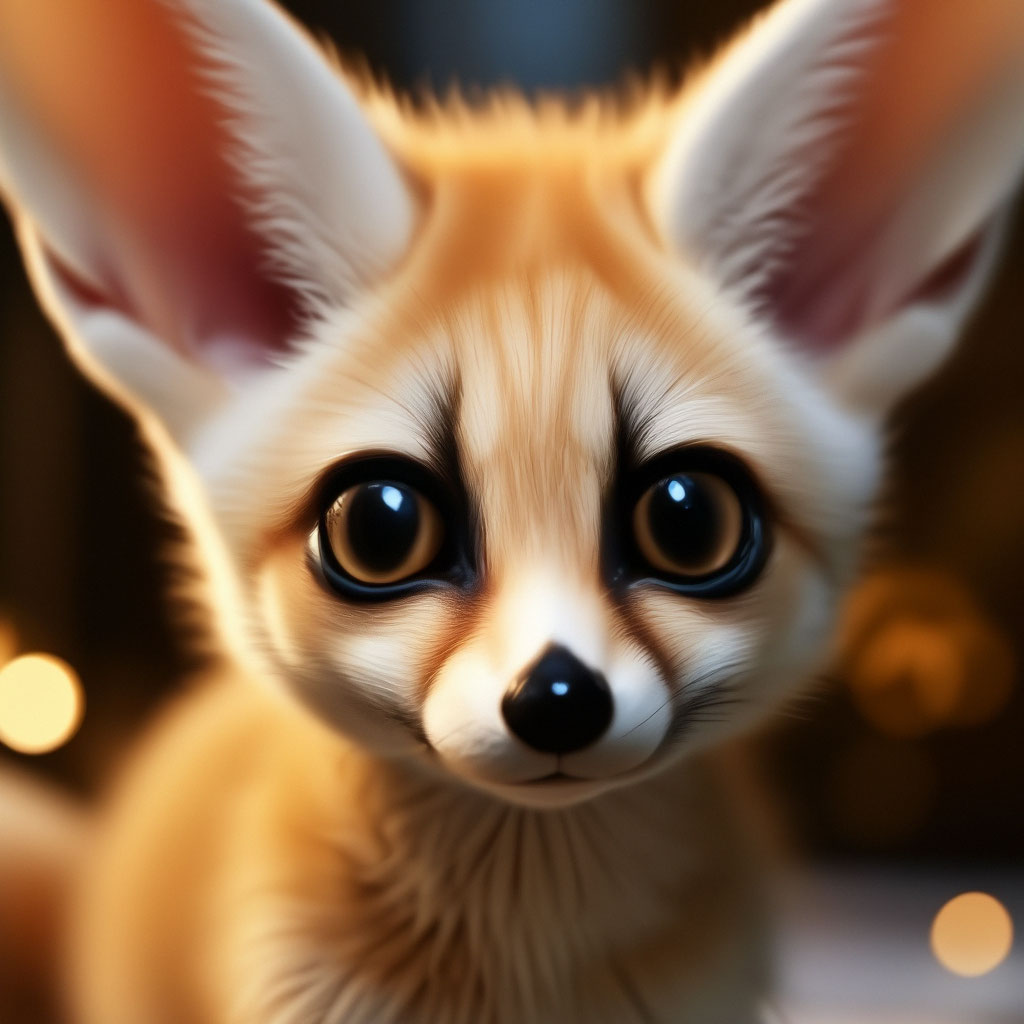 "Baby fenek, very cute big almond-shaped. eyes, glowing, expressive ...