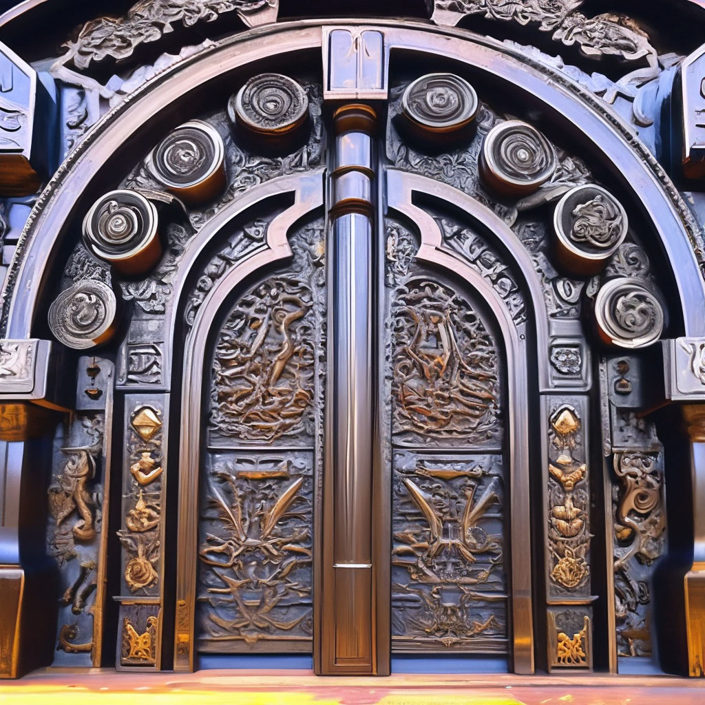 "Huge fortress gates made of Damascus steel,carved patterns, metal ...