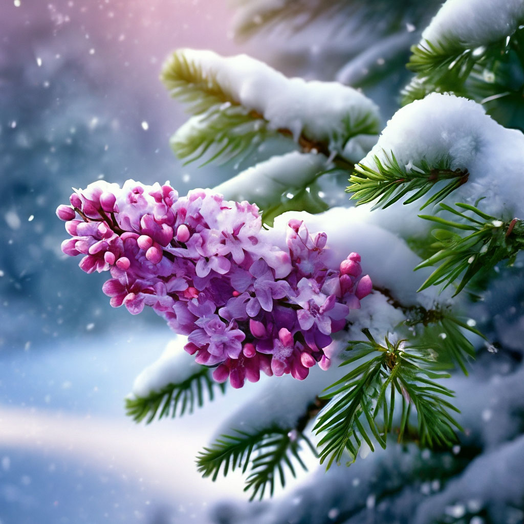 "There is a blooming lilac among the branches of a fir tree, it snows ...
