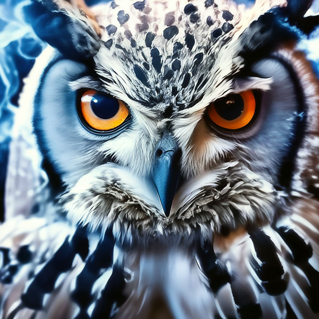"Fabulous white owl, made of smoke and plasma, burning eyes, close-up ...