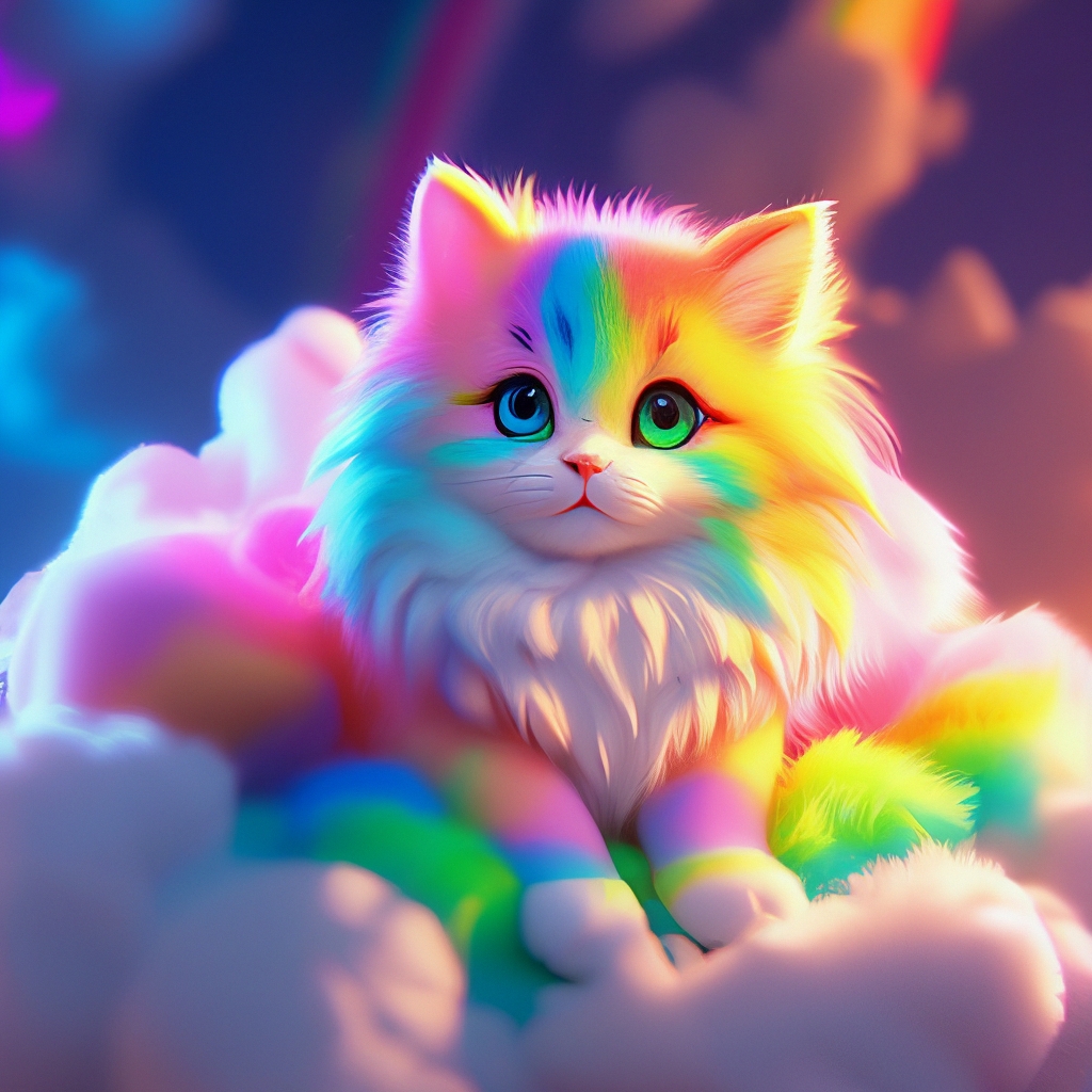 "🌈☁☀ fluffy rainbow cat, rainbow fur, sitting on a cloud, aesthetically ...