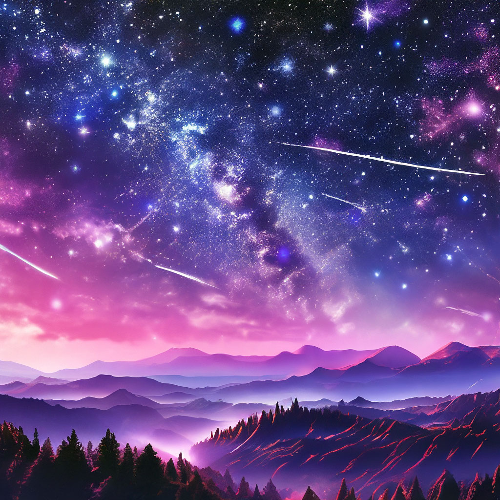 "Endless starry sky, many stars, constellations,purple-pink color ...