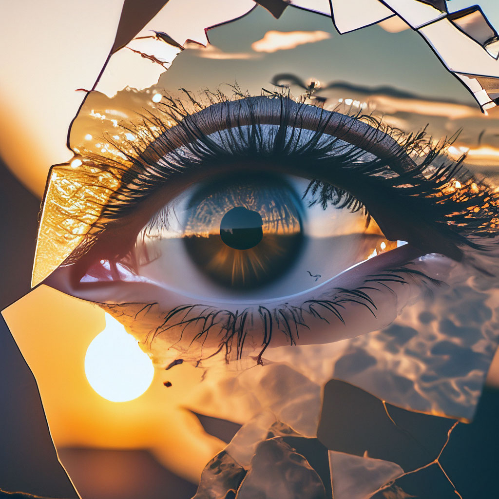 "A double-exposure photograph depicting an eye, the effect of a broken ...