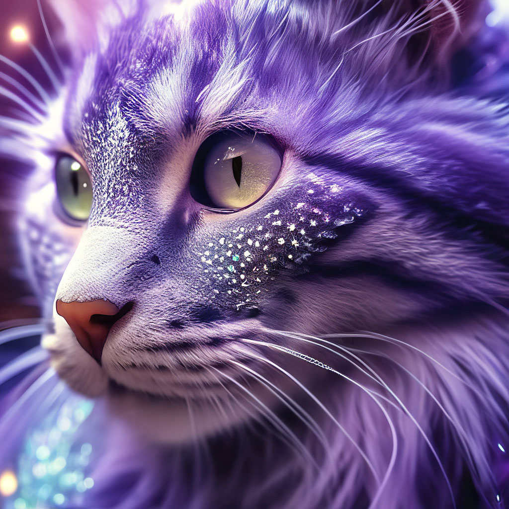 "Violet-lavender cat, bright fluffy fur, sequins, different colors ...