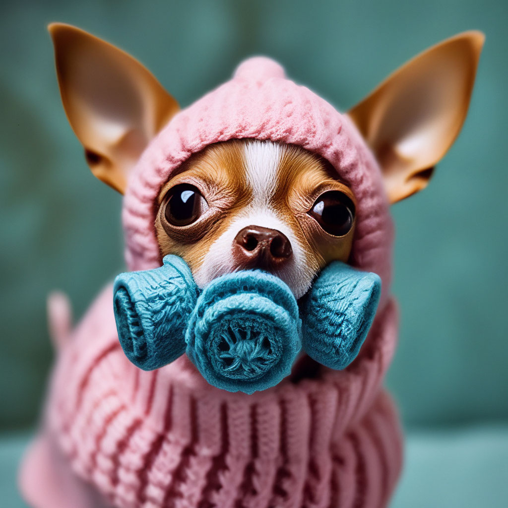 "Chihuahua in a knitted gas mask" — image created in Shedevrum