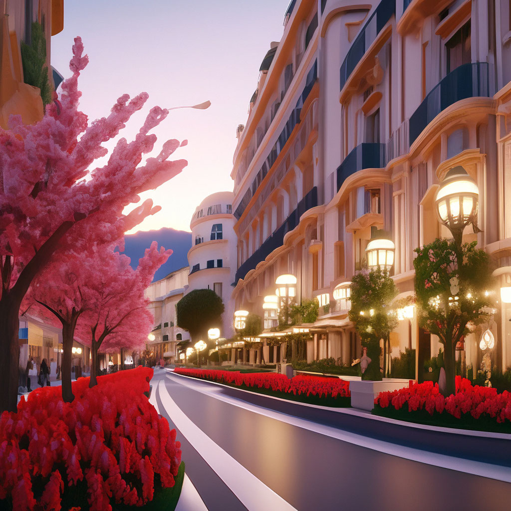 "Monaco central street in spring, red flowers along the road evening ...