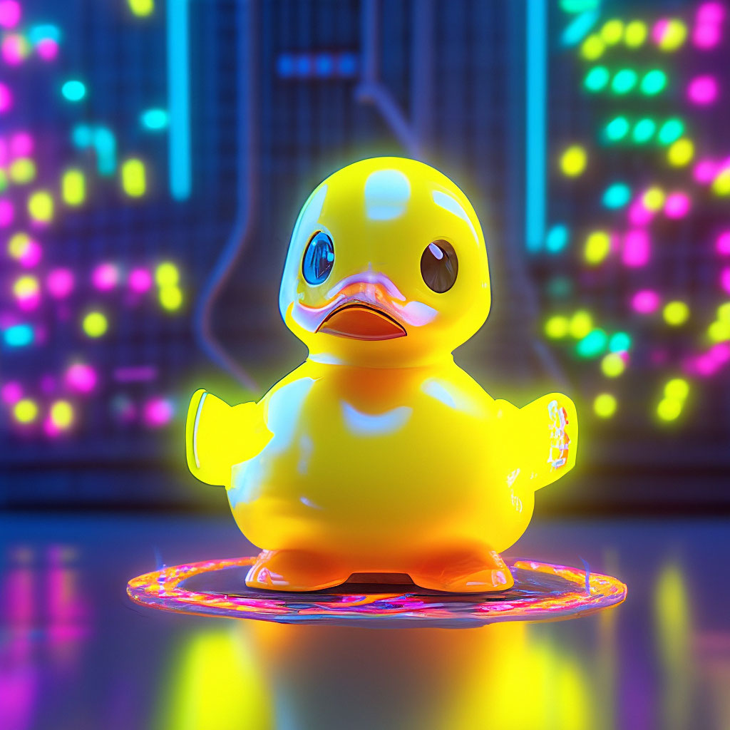 "Cute, yellow, cyber duckling in neon light" — image created in Shedevrum