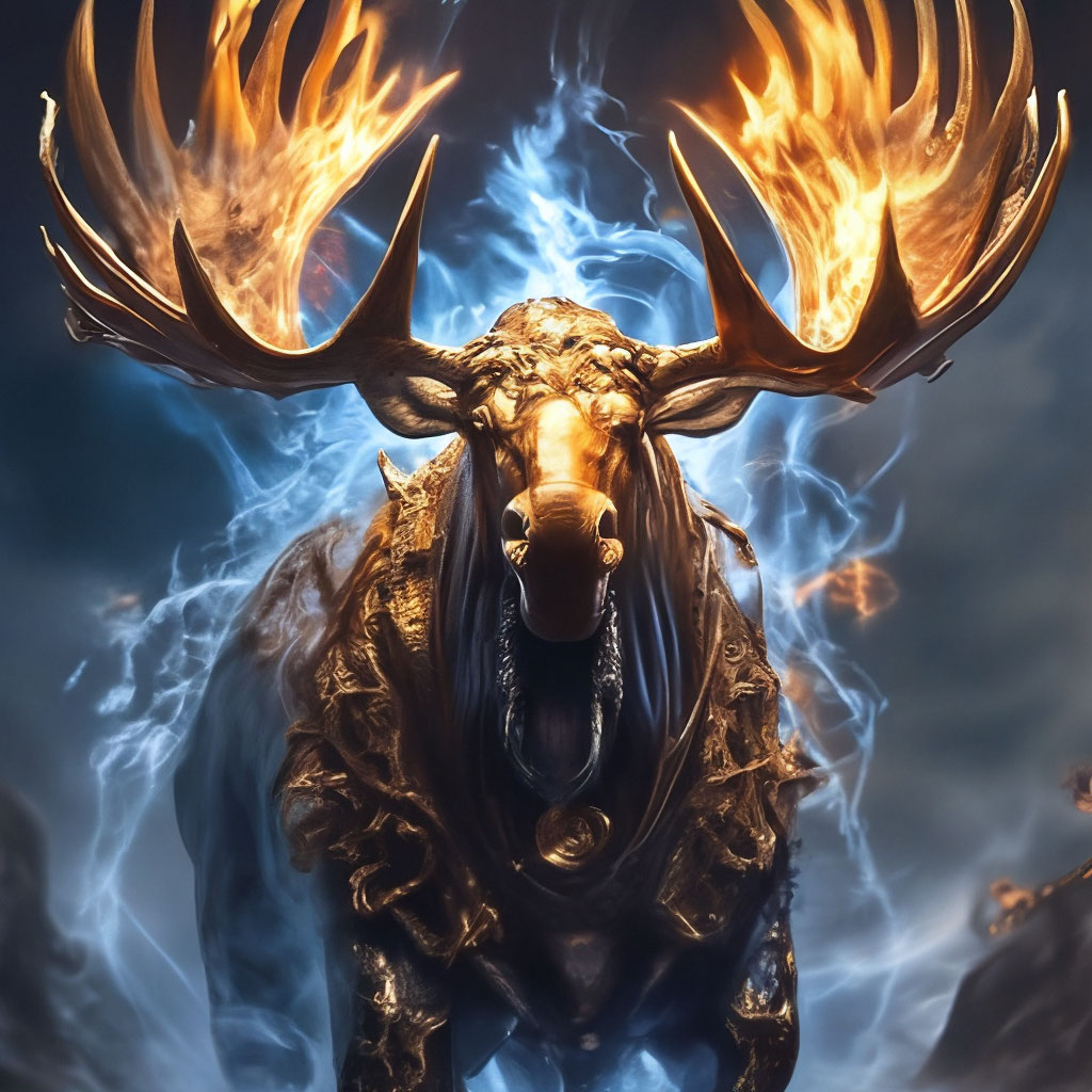 "A fabulous mighty moose in bronze armor consists of fire, water, and ...