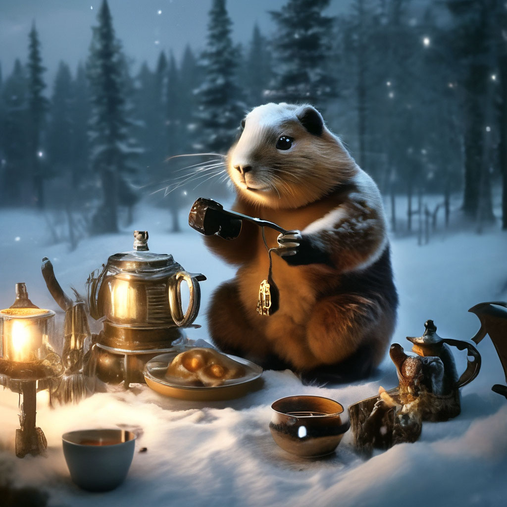 "Good winter evening,beaver drinks tea ,snow,snowdrifts realistically ...