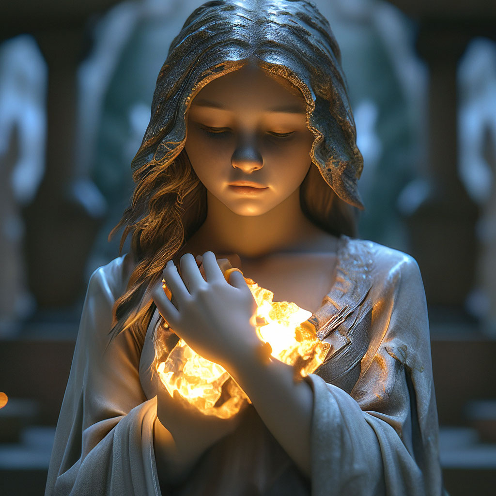 "A sad stone statue of a girl holds a glowing broken fragment of her ...