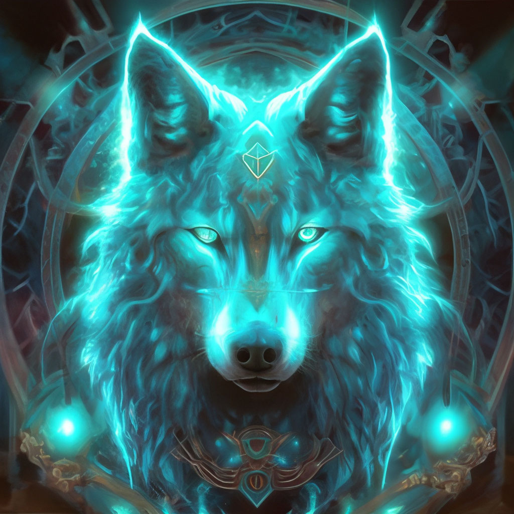 "The astral spirit of the wolf with luminescent turquoise backlight ...