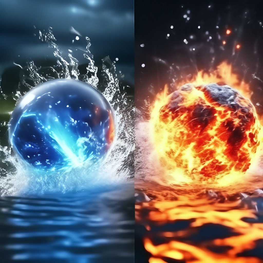 "Fireball vs water ball who will win, beautiful, realistic" — image ...