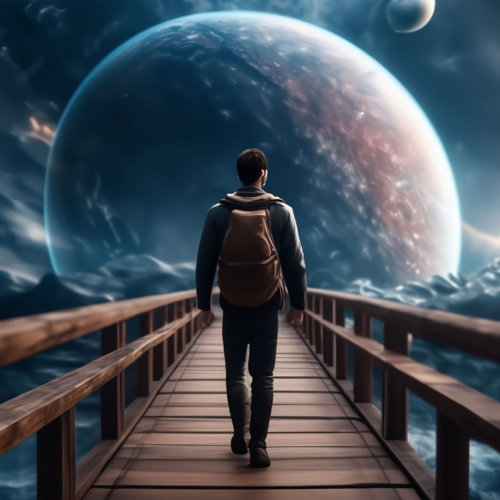 "Between the planets is a wooden bridge on which a man walks, realistic ...