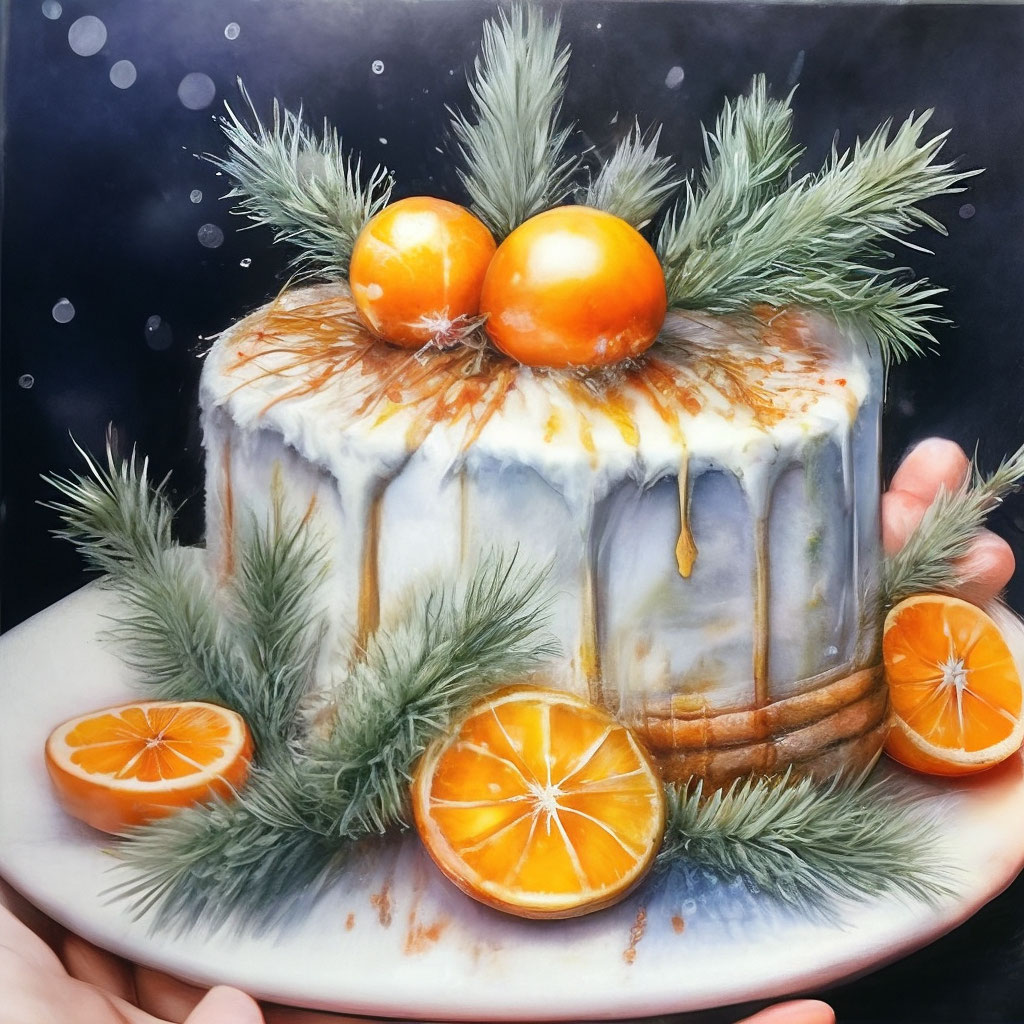 "Surreal food sketch + hyperrealism, 3D, glitter, Christmas cake with ...