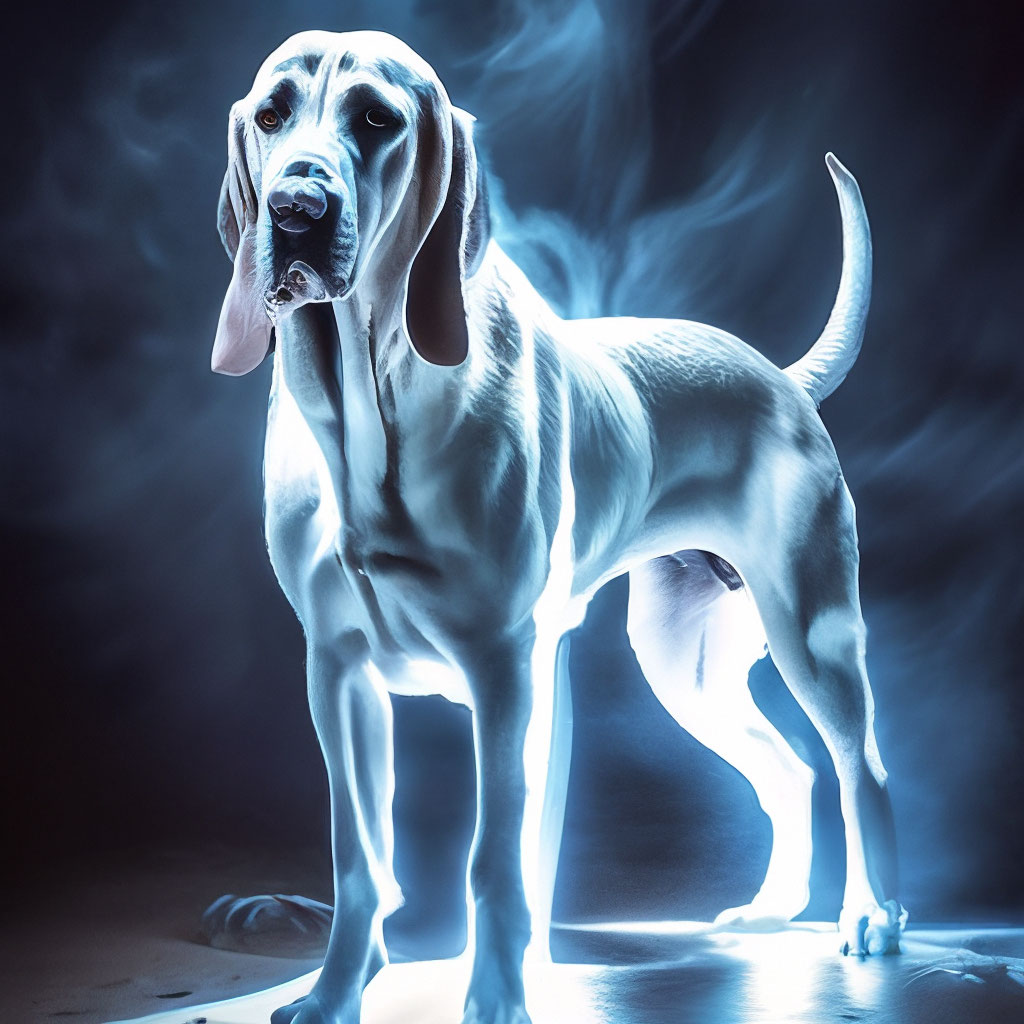 "Transparent luminous ghost dog breed bloodhound, to the light ...